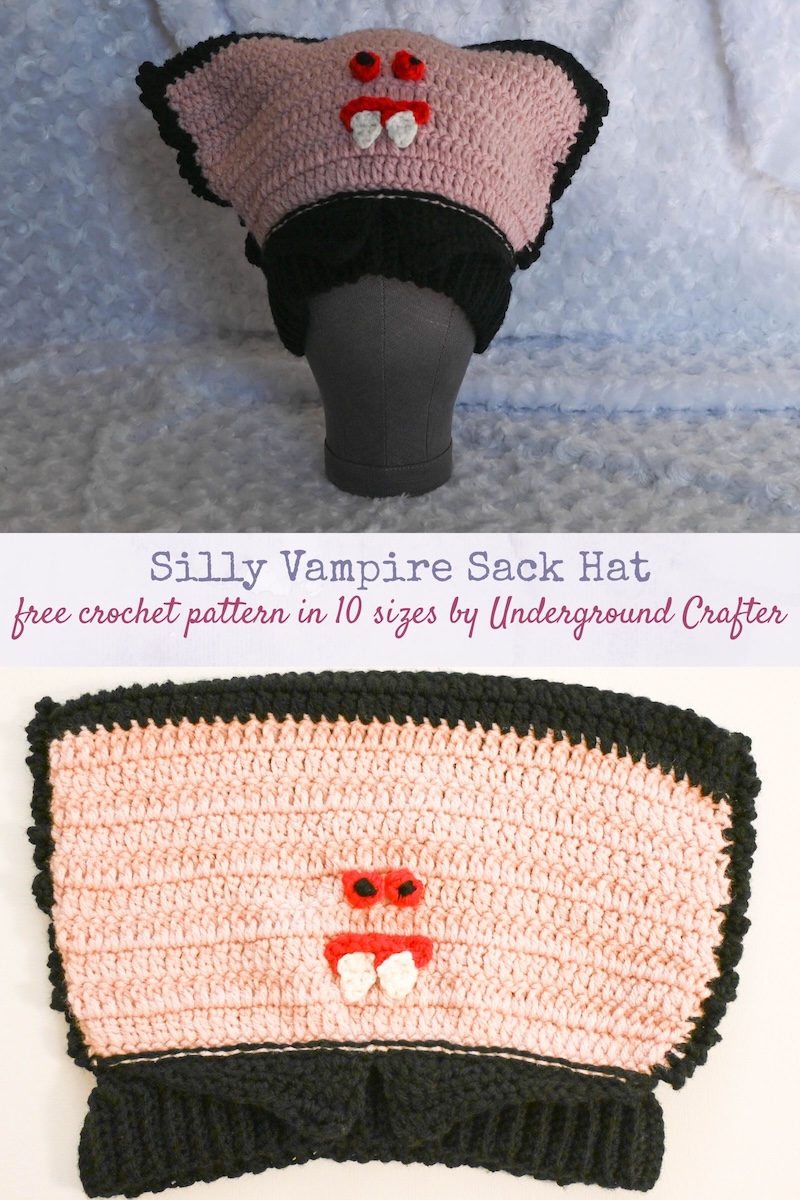 Silly Crochet Vampire Sack Hat Pattern in 10 Sizes - Underground Crafter